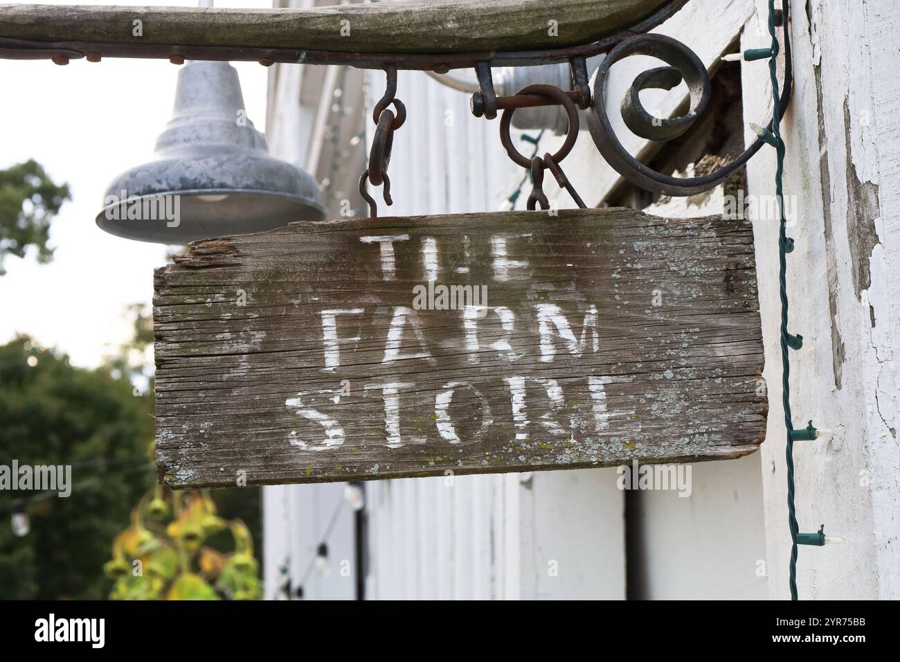 Old Farm Shop Sign on White Wall, New England Stock Photo - Alamy