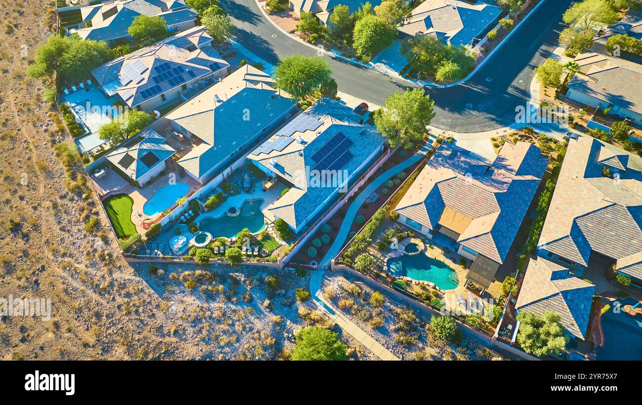 Aerial of Suburban Solar Homes in Desert Oasis Stock Photo - Alamy