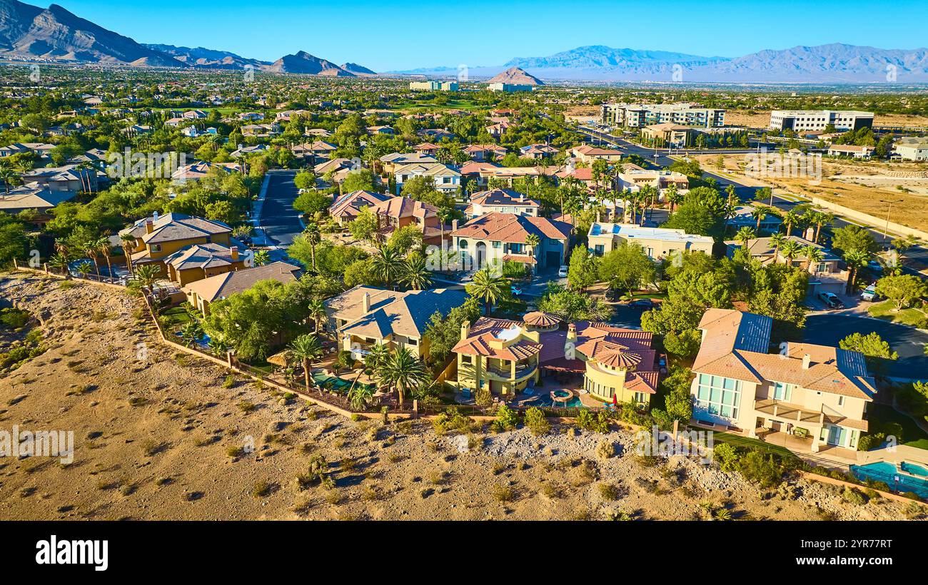 Aerial of Desert Suburbia with Mountains and Palm Trees Stock Photo - Alamy