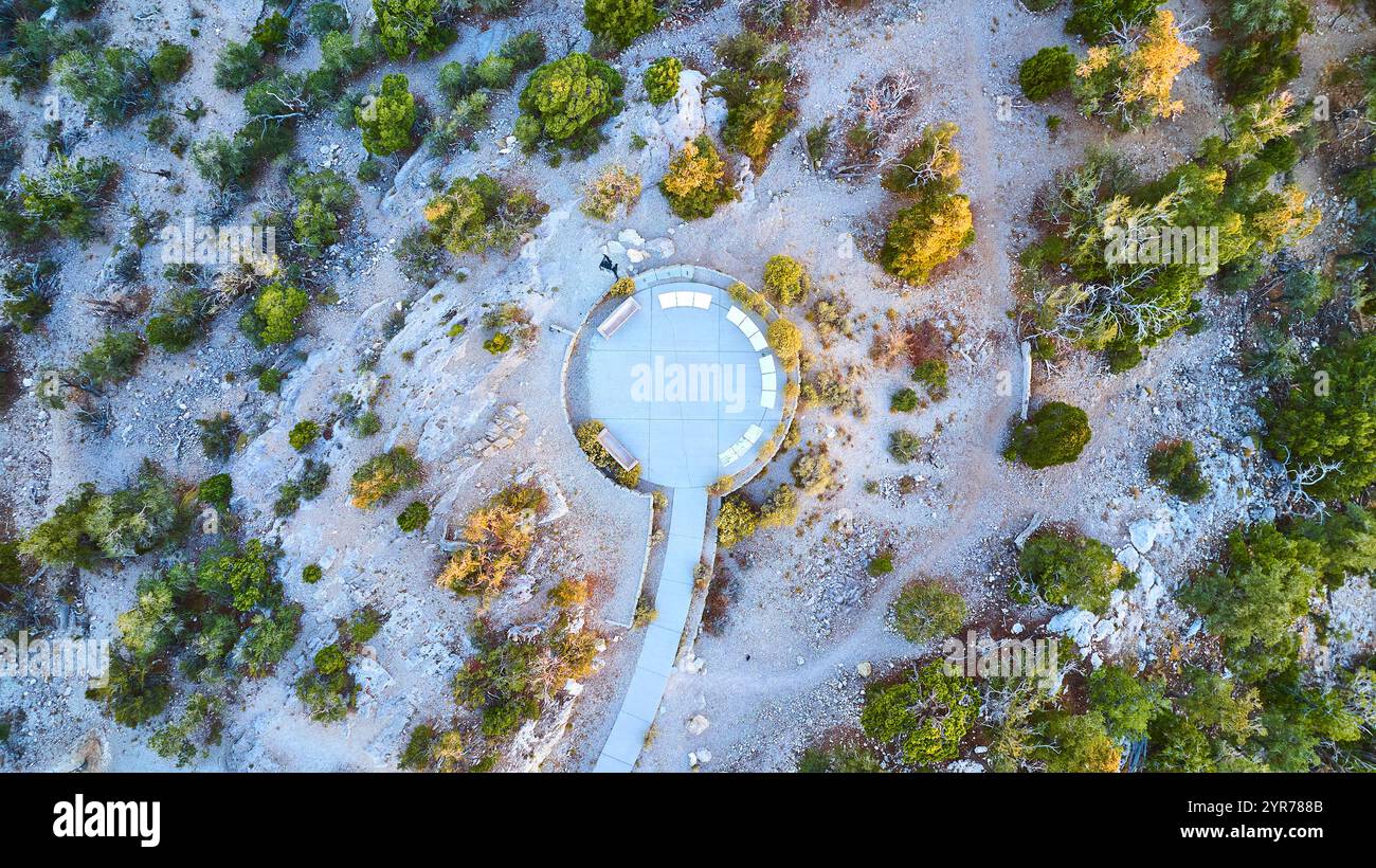 Aerial of Circular Platform in Rocky Nevada Desert at Golden Hour Stock ...