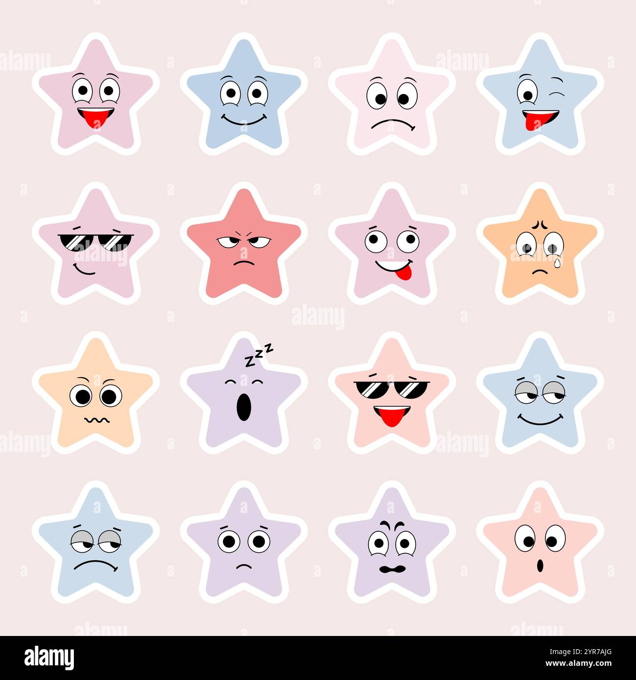 Set of cute star emoticon with 16 variations of expression. Colorized ...