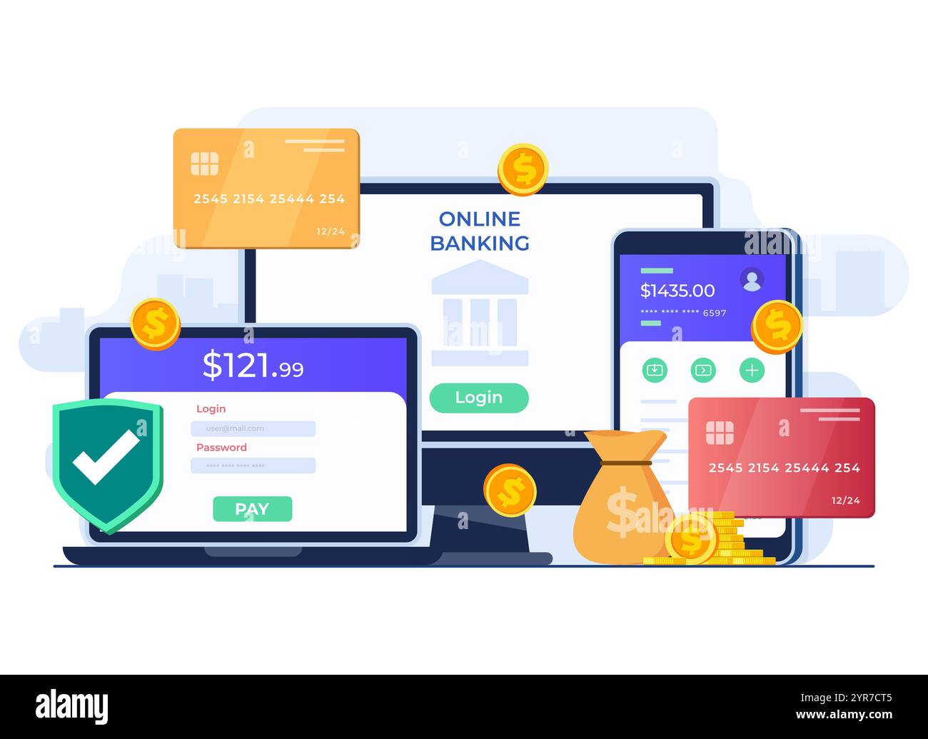 Log into online bank account with different devices, Online bank login page with username and ...