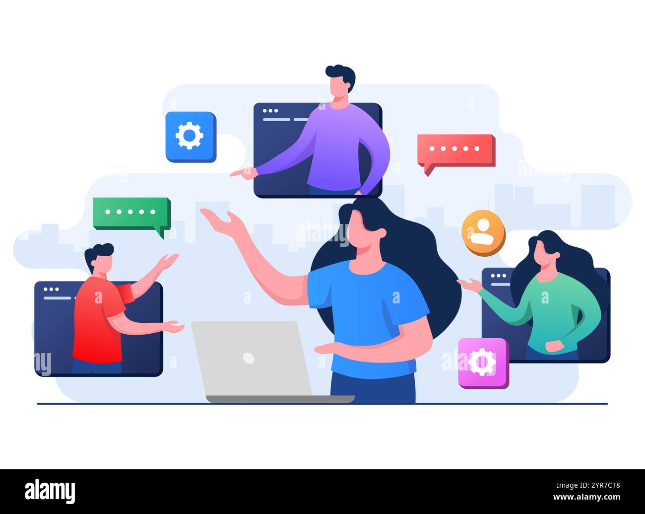 Business people meet online, Female employee speak on video call with ...