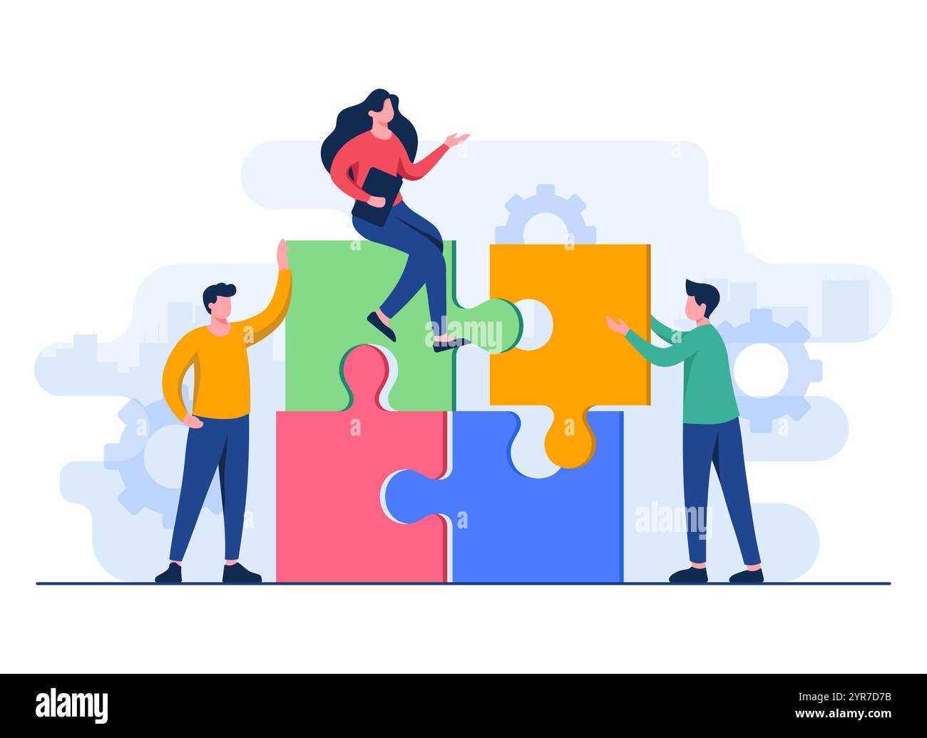 People connect and match puzzle parts together flat illustration ...