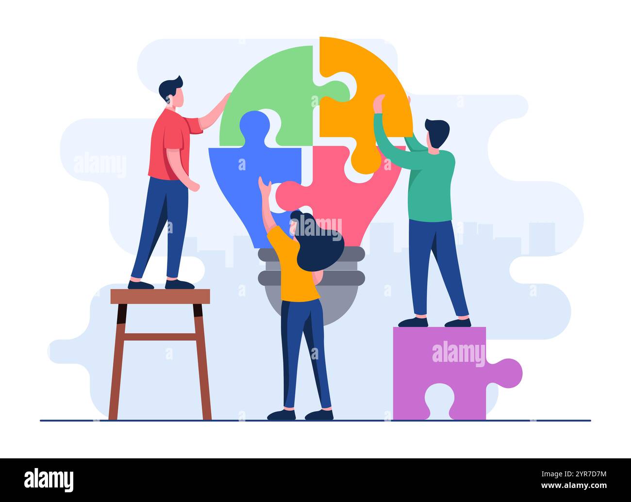 Finding new ideas, Business people join jigsaw puzzle pieces flat ...