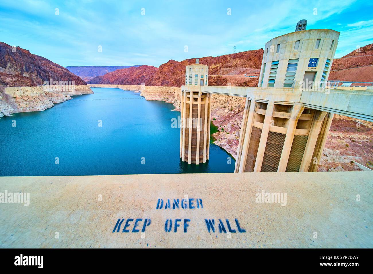 Hoover Dam and Lake Mead with DANGER KEEP OFF WALL Warning Eye-Level ...