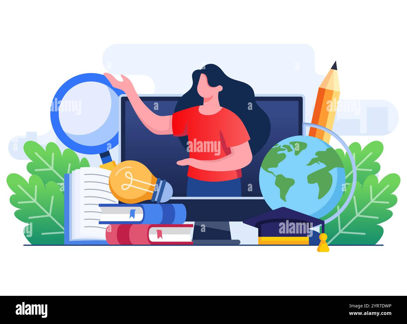 Female teacher teaching on computer screen flat vector illustration ...
