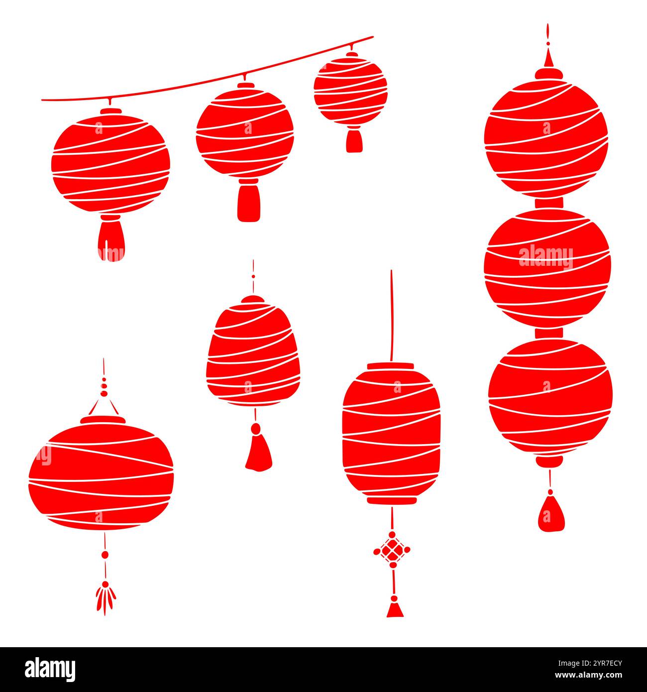 A set of red paper lanterns. Simple line art contour silhouette icons ...