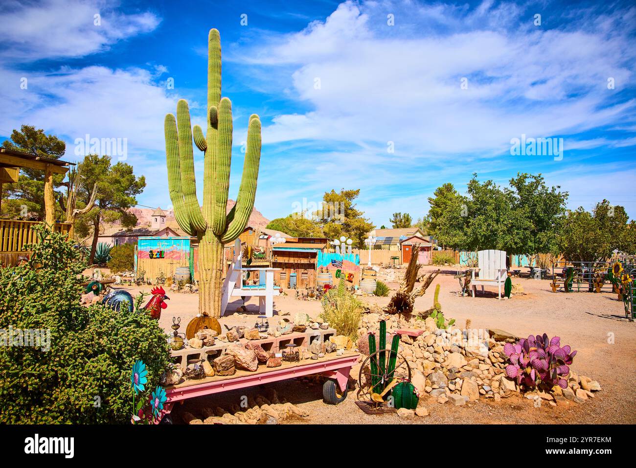 Saguaro and Sculptures in Desert Landscape Eye Level View Stock Photo ...