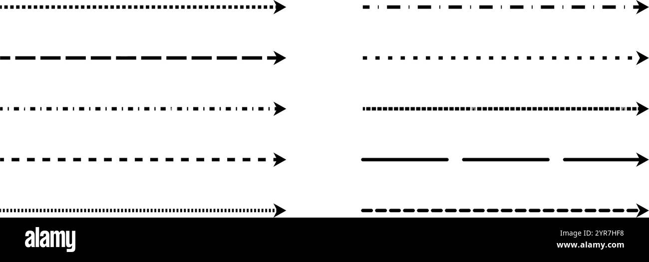 Black straight thin dashed arrow set. Long dotted arrows collection ...