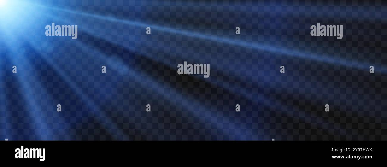 Sun light glare background. Blue bright sunshine light rays and beams ...