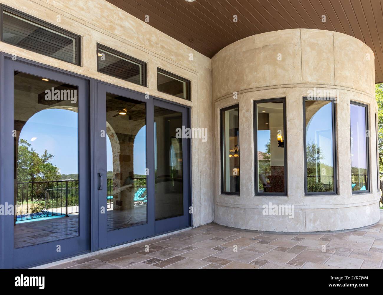 Elegant patio entrance with panoramic views and modern architecture ...