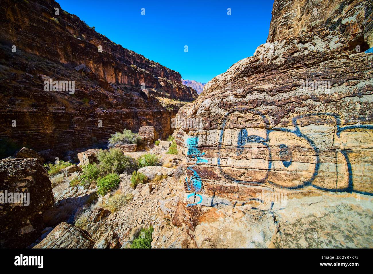 Desert Canyon Graffiti and Rock Formations Low Perspective Stock Photo ...