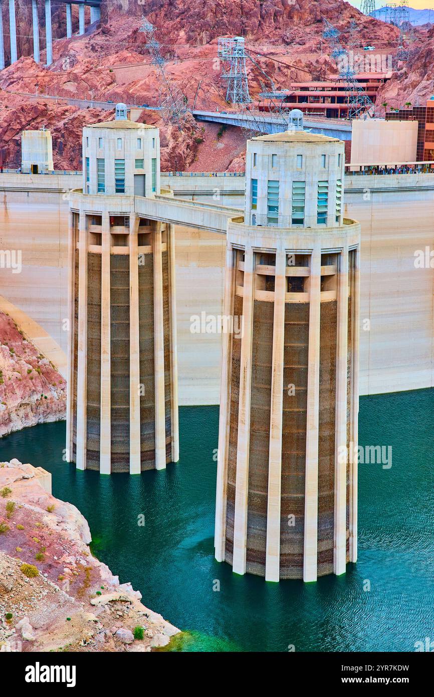 Hoover Dam Intake Towers and Cliffs Aerial Stock Photo - Alamy