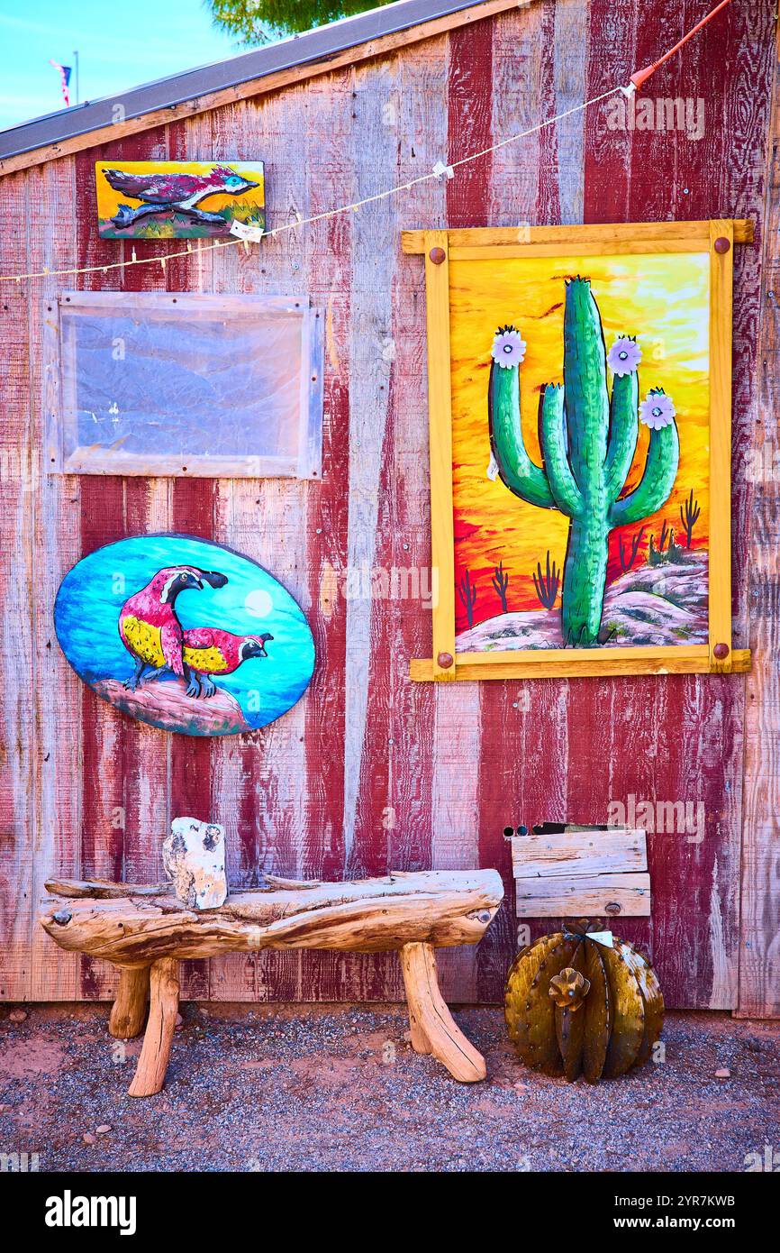 Rustic Desert Art Panels with Cactus and Quail Eye-Level View Stock ...