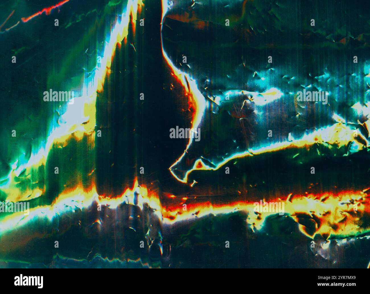 Color glitch. Damaged film overlay. Aged foil texture. Green orange ...