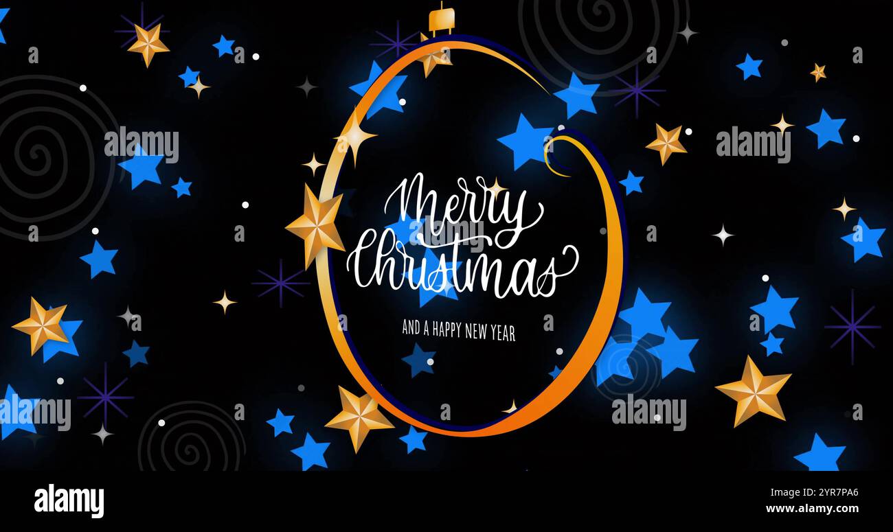 Image of merry christmas text over stars falling on black background ...