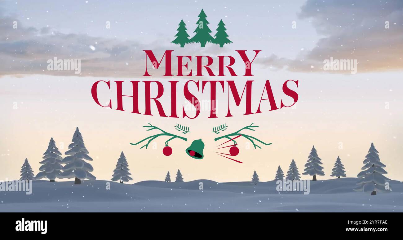 Image of merry christmas text and snow falling over winter scenery ...