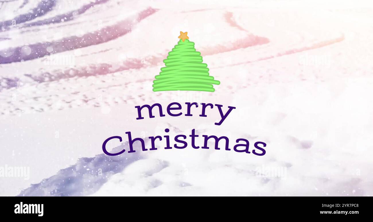 Image of merry christmas text and snow falling over christmas tree in ...