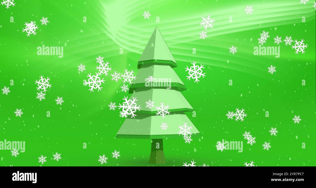 Image of snow falling over christmas tree on green background Stock ...