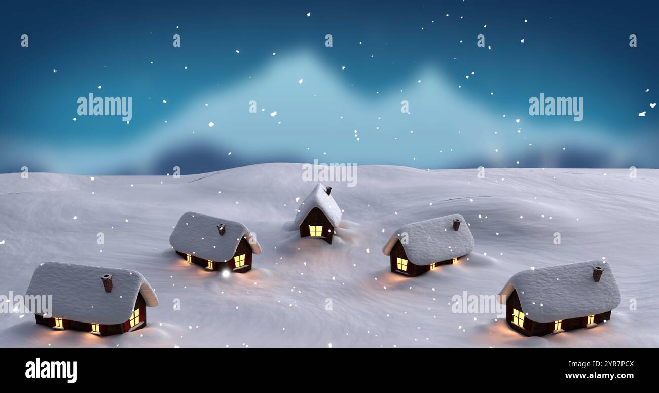 Image of snow falling over houses in winter scenery Stock Photo - Alamy
