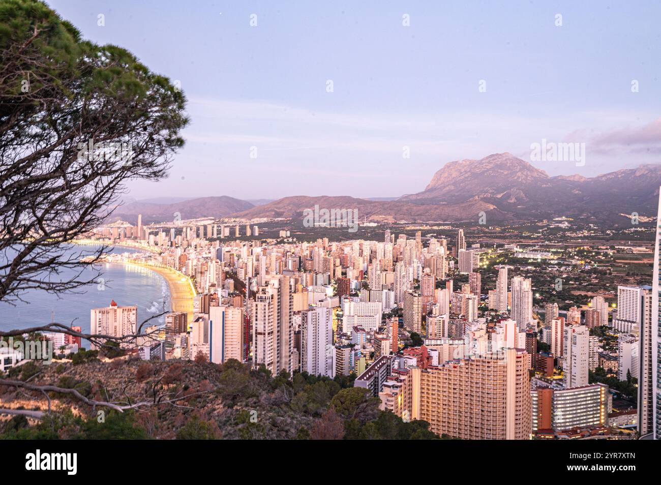 Panorama in the Sunrise on a clear day over Benidorm in Spain from the ...