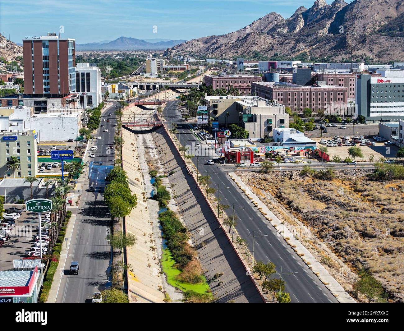 Concrete stormwater canal Boulevard Paseo Rio at the river ford in ...