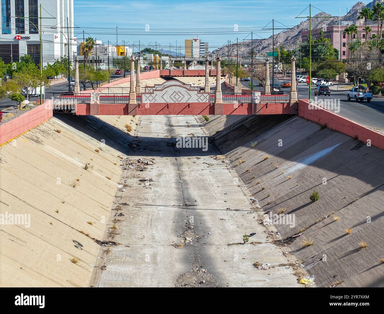 Concrete stormwater canal Boulevard Paseo Rio at the river ford in ...