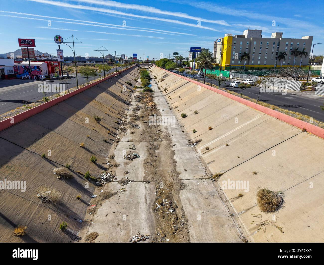 Concrete stormwater canal Boulevard Paseo Rio at the river ford in ...