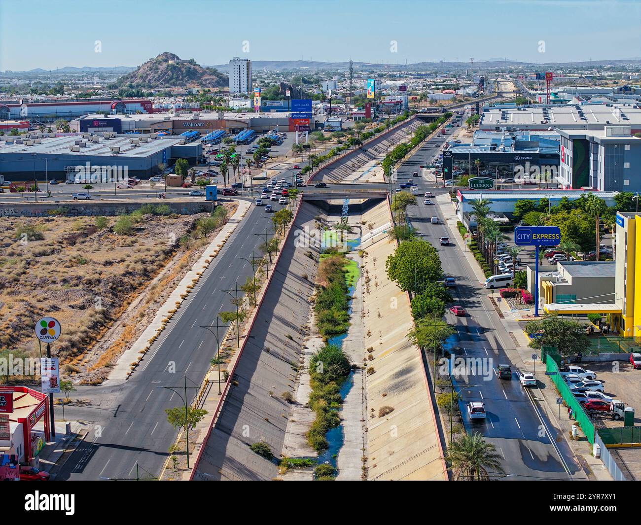 Concrete stormwater canal Boulevard Paseo Rio at the river ford in ...