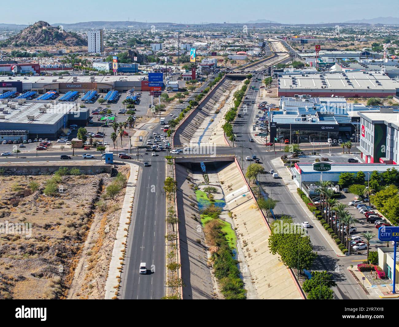 Concrete stormwater canal Boulevard Paseo Rio at the river ford in ...