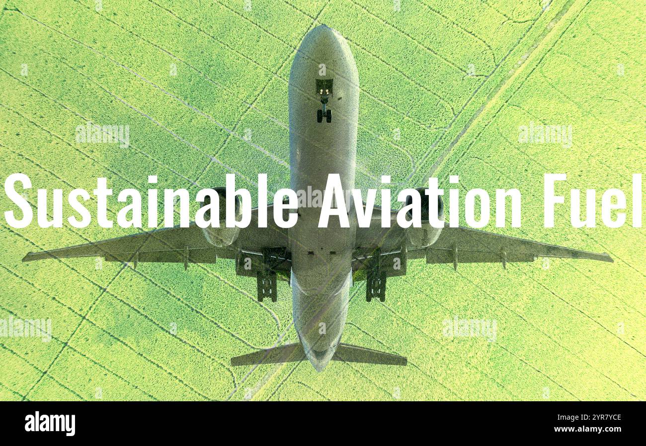 Sustainable aviation fuel concept. Net zero emissions flight. Sustainability transportation. Eco ...