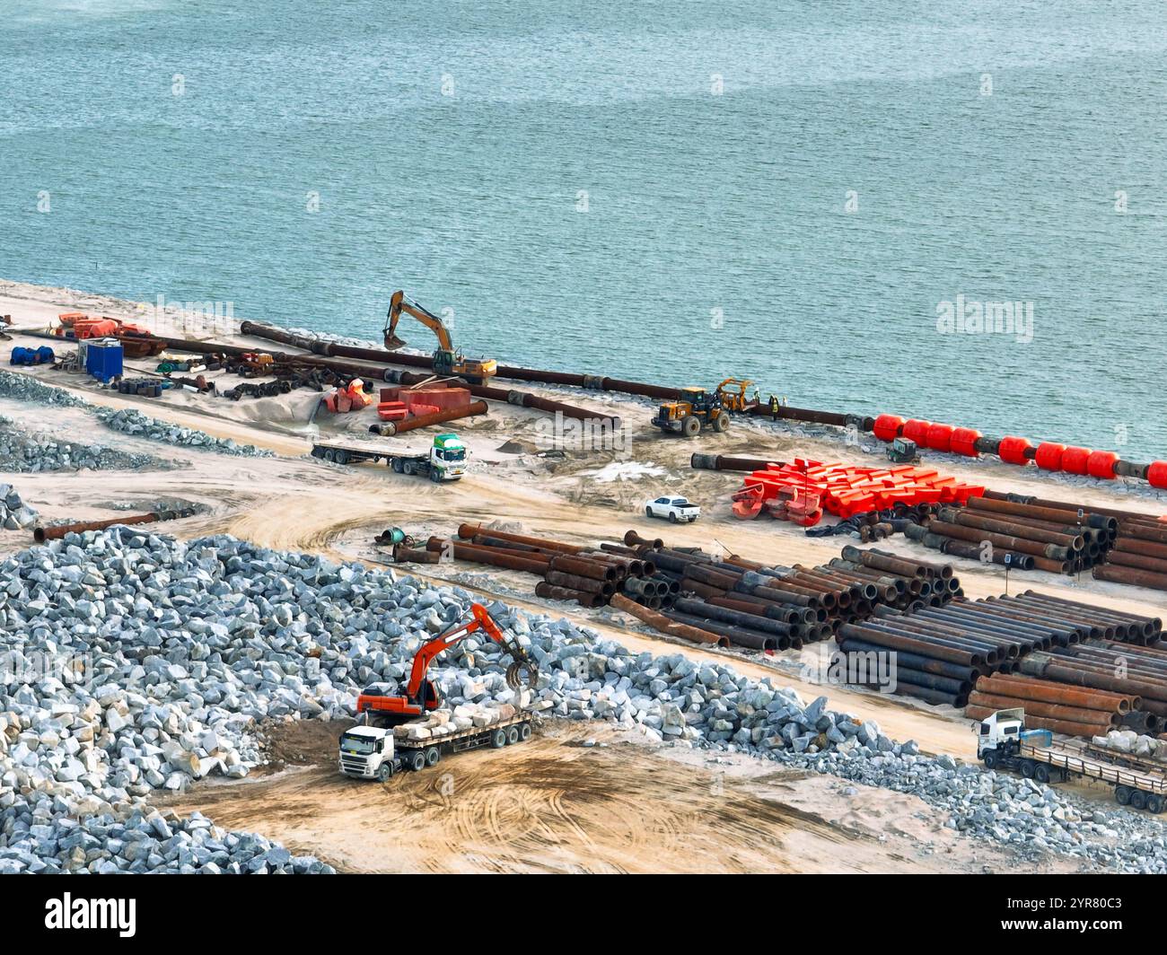 Construction progress on shipping port terminal through land ...
