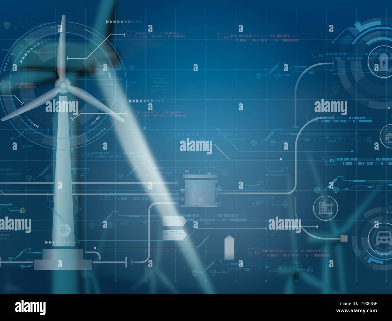 Wind energy. Sustainable power generation with modern wind turbines harnessing natural resources ...