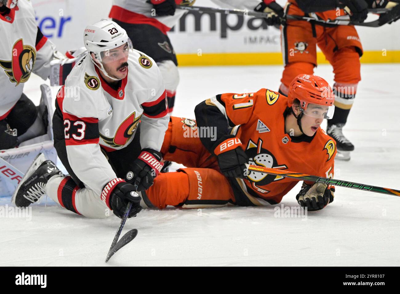Ottawa Senators defenseman Travis Hamonic (23) and Anaheim Ducks ...