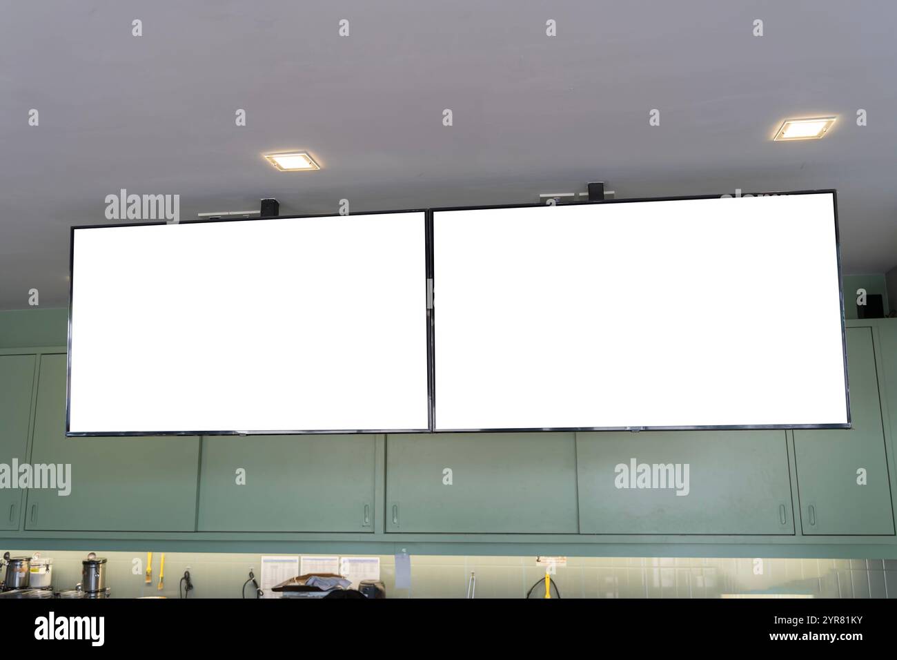 Blank white restaurant or shop sign mockup large billboard banner on a ...