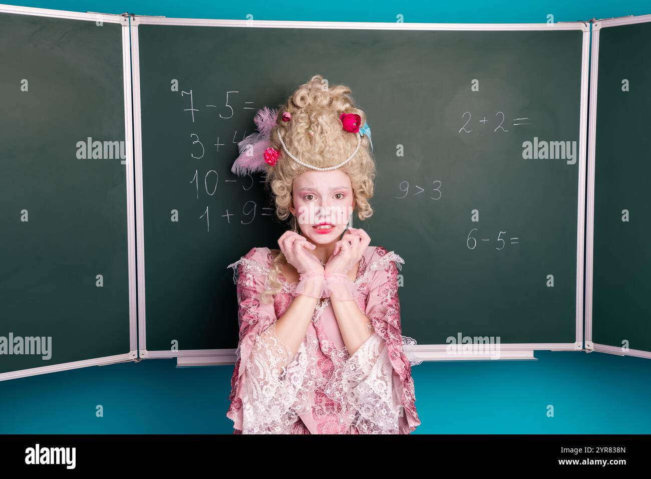 Photo of charming lady wear vintage rushes dress math subject classroom ...