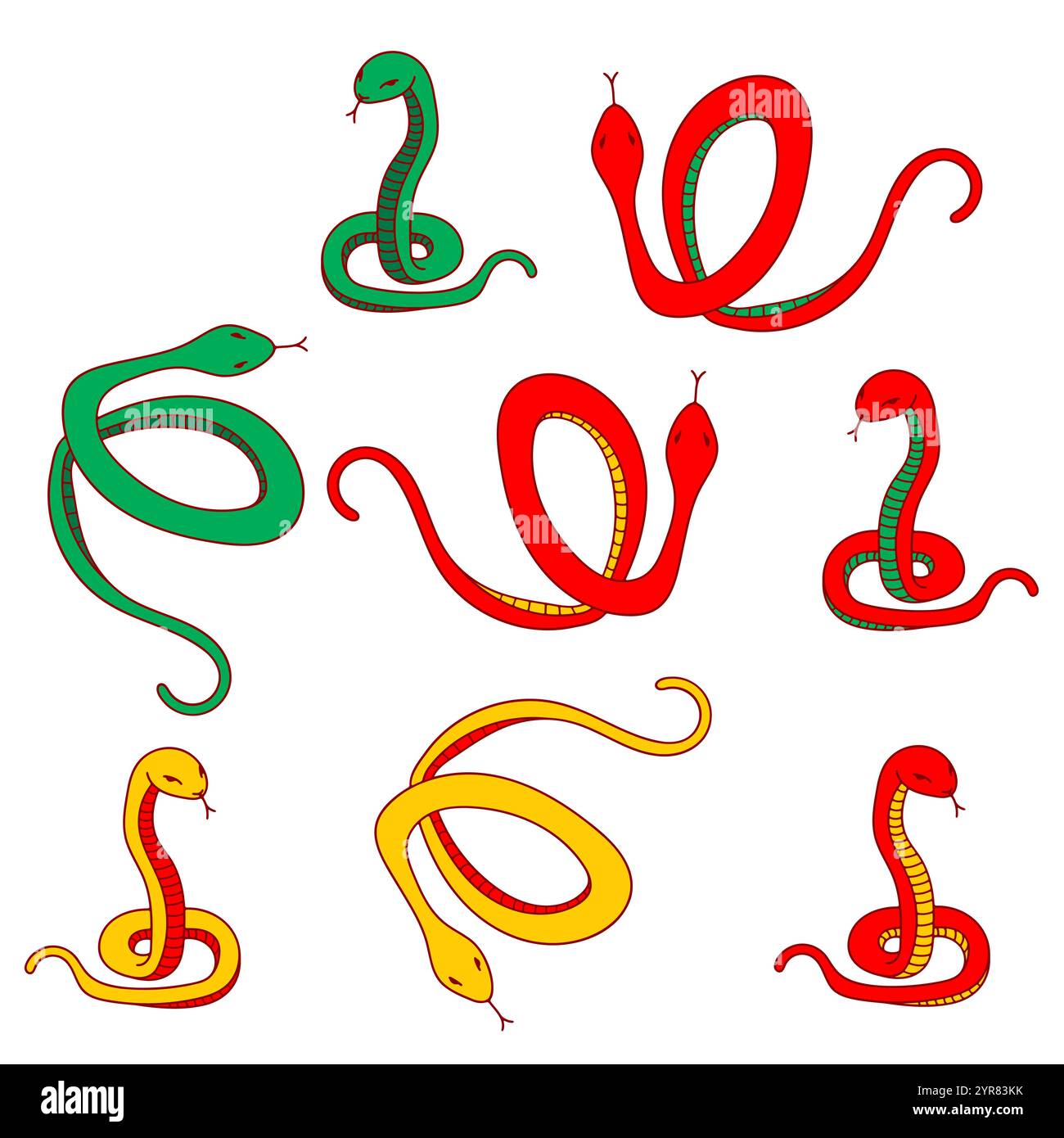A set of snake icons. Simple doodle contour, red, yellow, green color ...