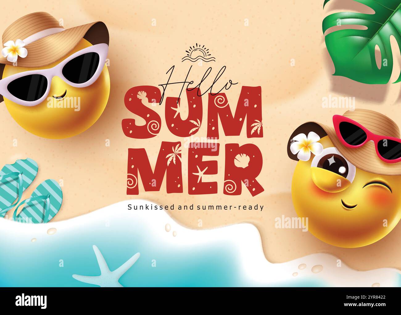Hello summer emoji clipart design. Summer greeting text with cute emoji ...