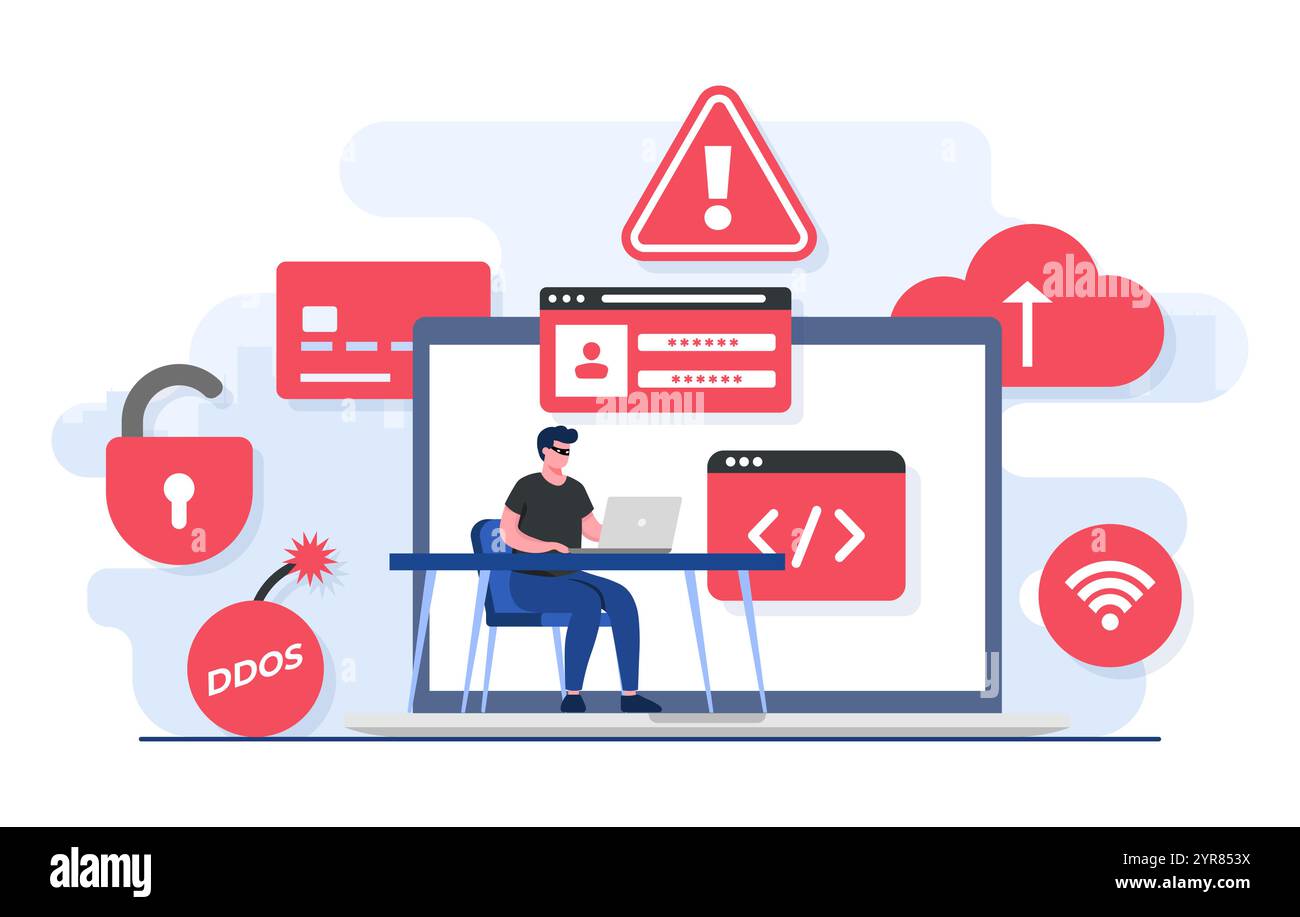 Cybercrime flat illustration concept, Fraud scam, Hacker steal private data on device, Internet ...