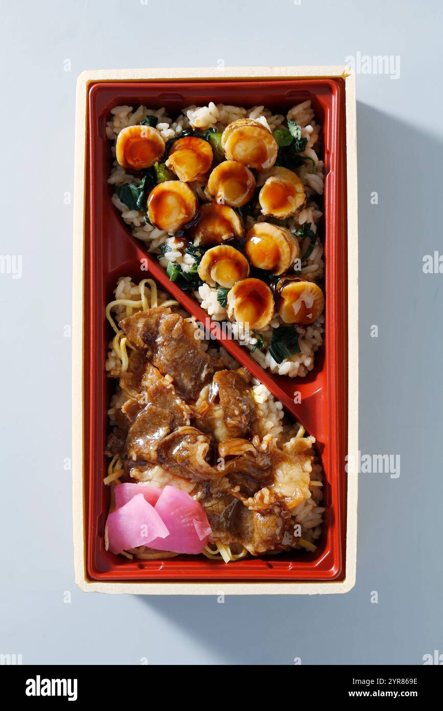 Beef and scallop lunch box Stock Photo - Alamy