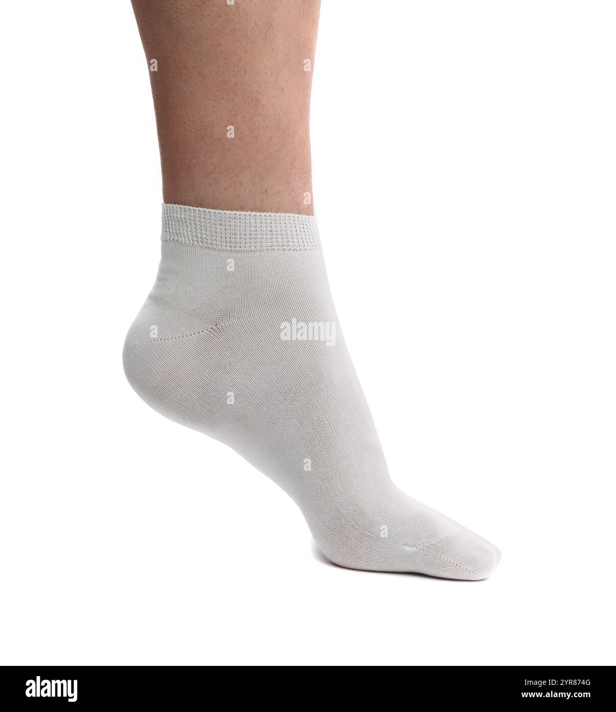 Sock on the foot. Close up. White background Stock Photo - Alamy