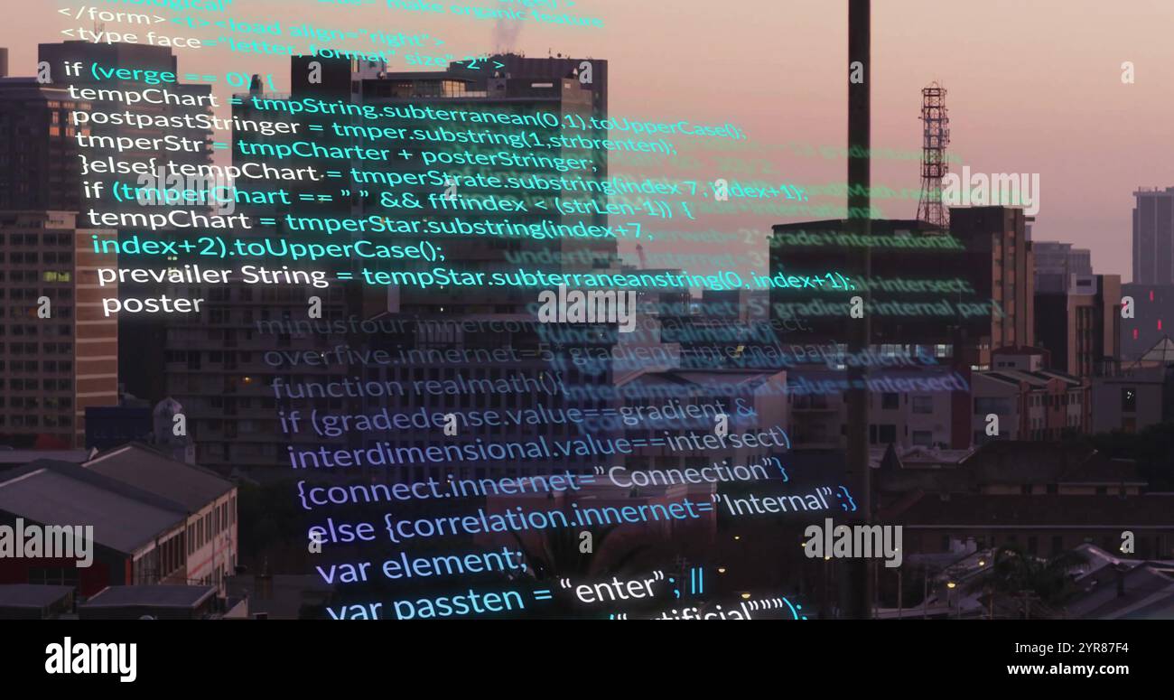 Computer code image over cityscape at sunset Stock Photo - Alamy