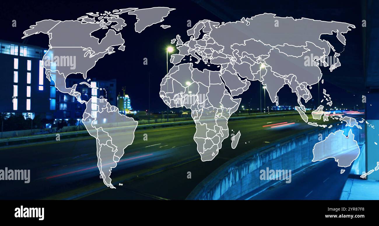 World map image over cityscape with light trails from moving vehicles ...