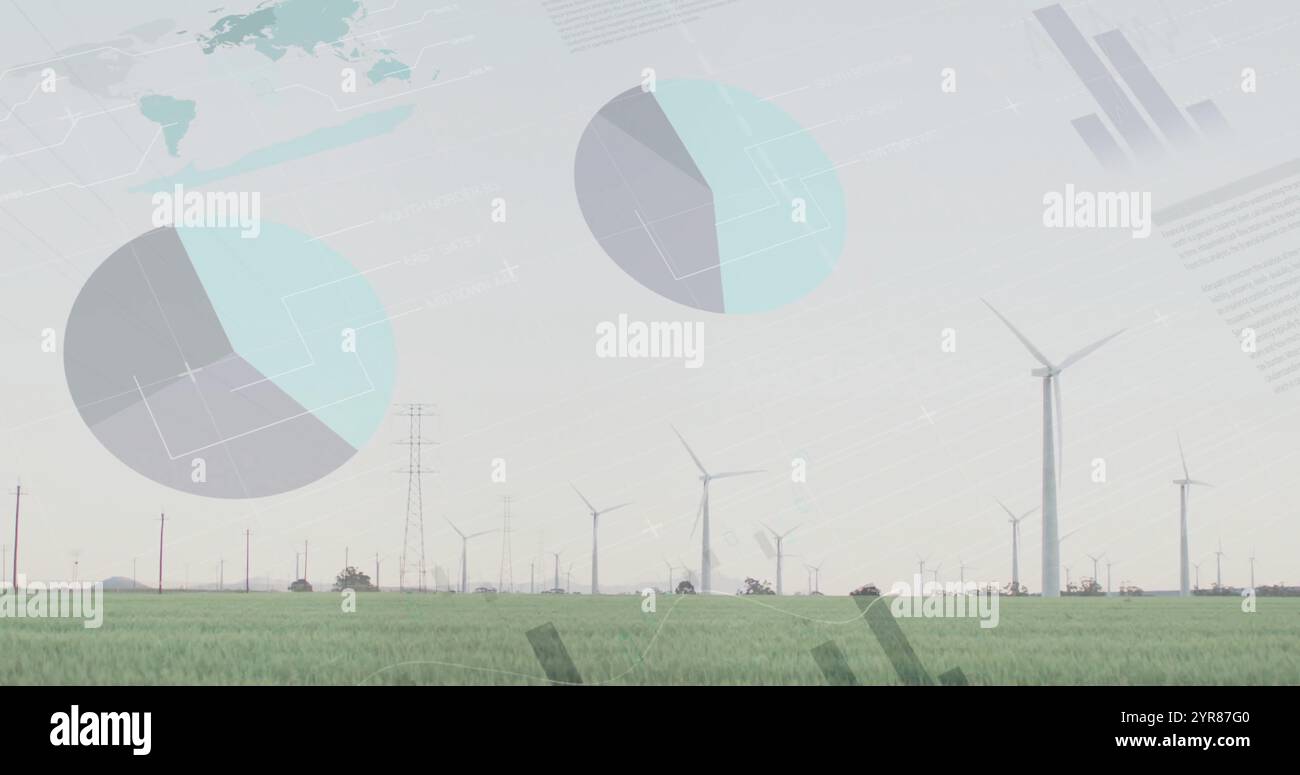 Wind turbines in field with data visualization image overlaid Stock ...