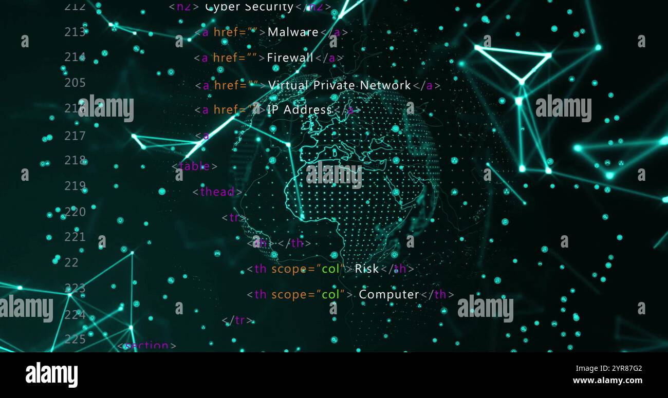 Glowing geometric shapes and coding image over rotating globe Stock ...