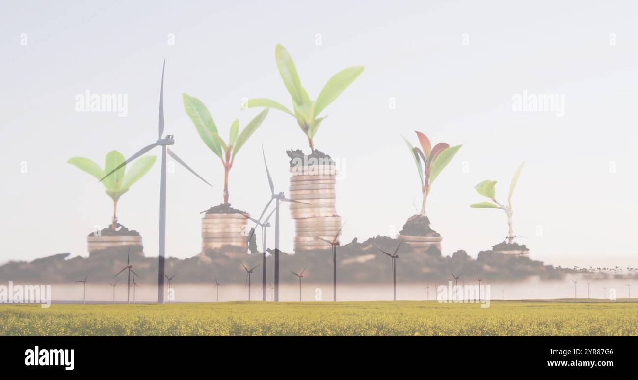 Wind turbines in field with growing plants over coins image Stock Photo ...
