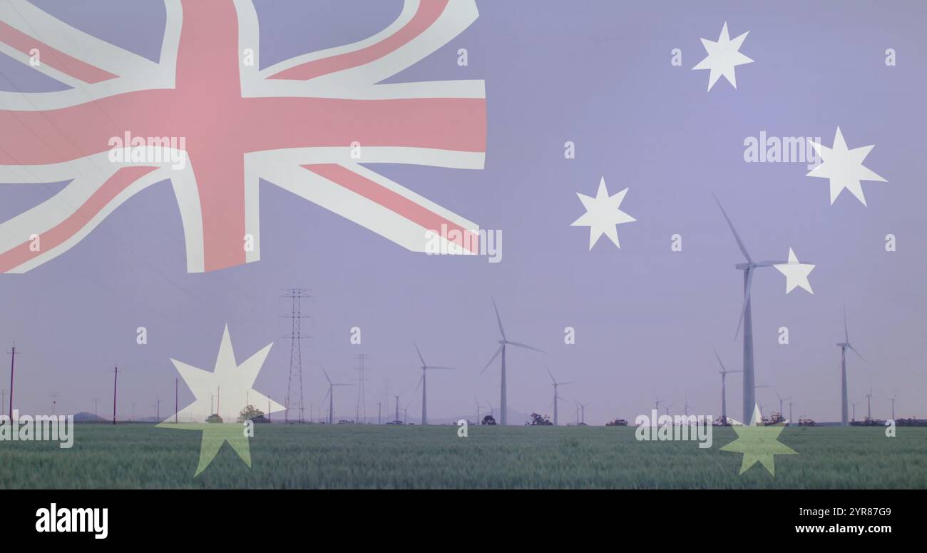 Australian flag image over wind turbines in green field. renewable ...