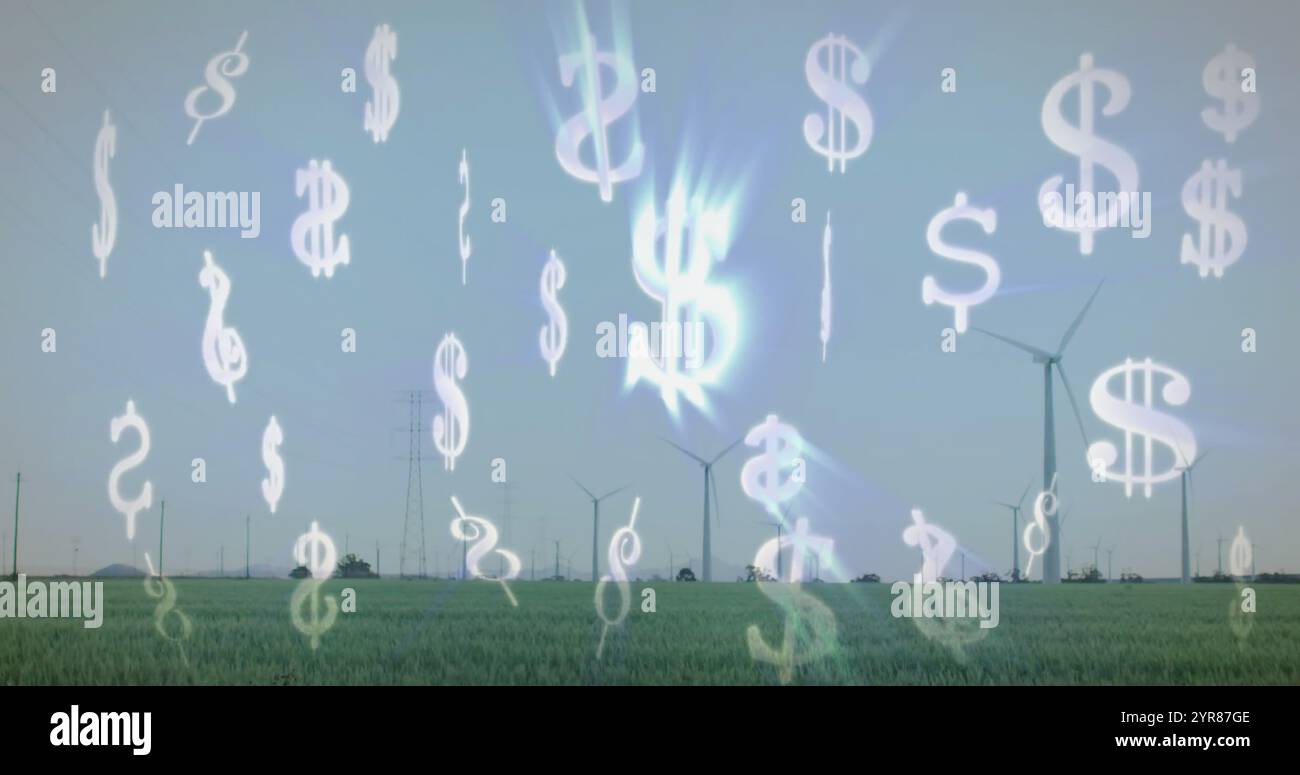 Dollar signs image over wind turbines in green field Stock Photo - Alamy