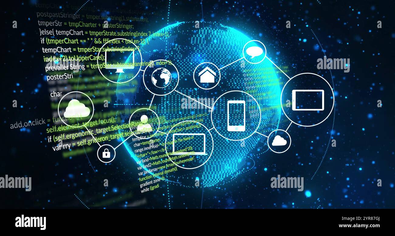 Digital code and icons image over rotating globe and network connections. Technology ...